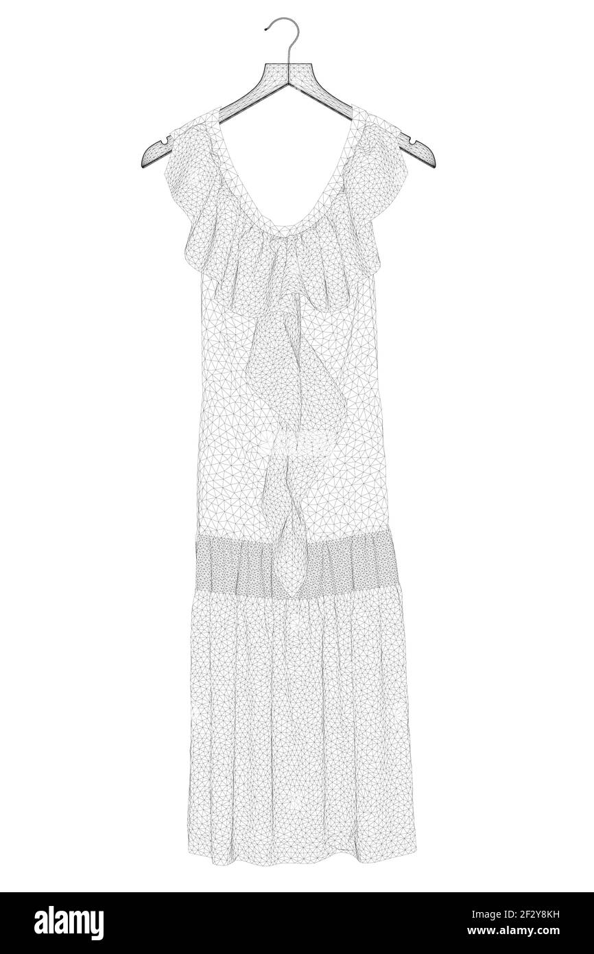 Wireframe of the dress model hangs on a hanger made of black lines on a ...