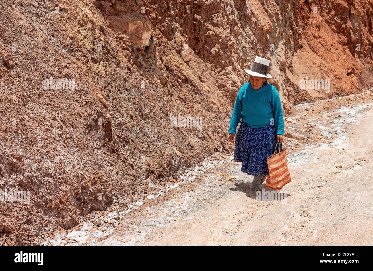 Indigenous senior Peruvian Quechua woman with traditional high hat from ...