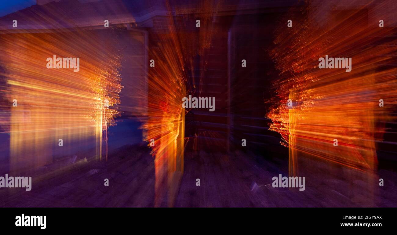 Orange and yellow coloured abstract explosion of light from maple trees ...