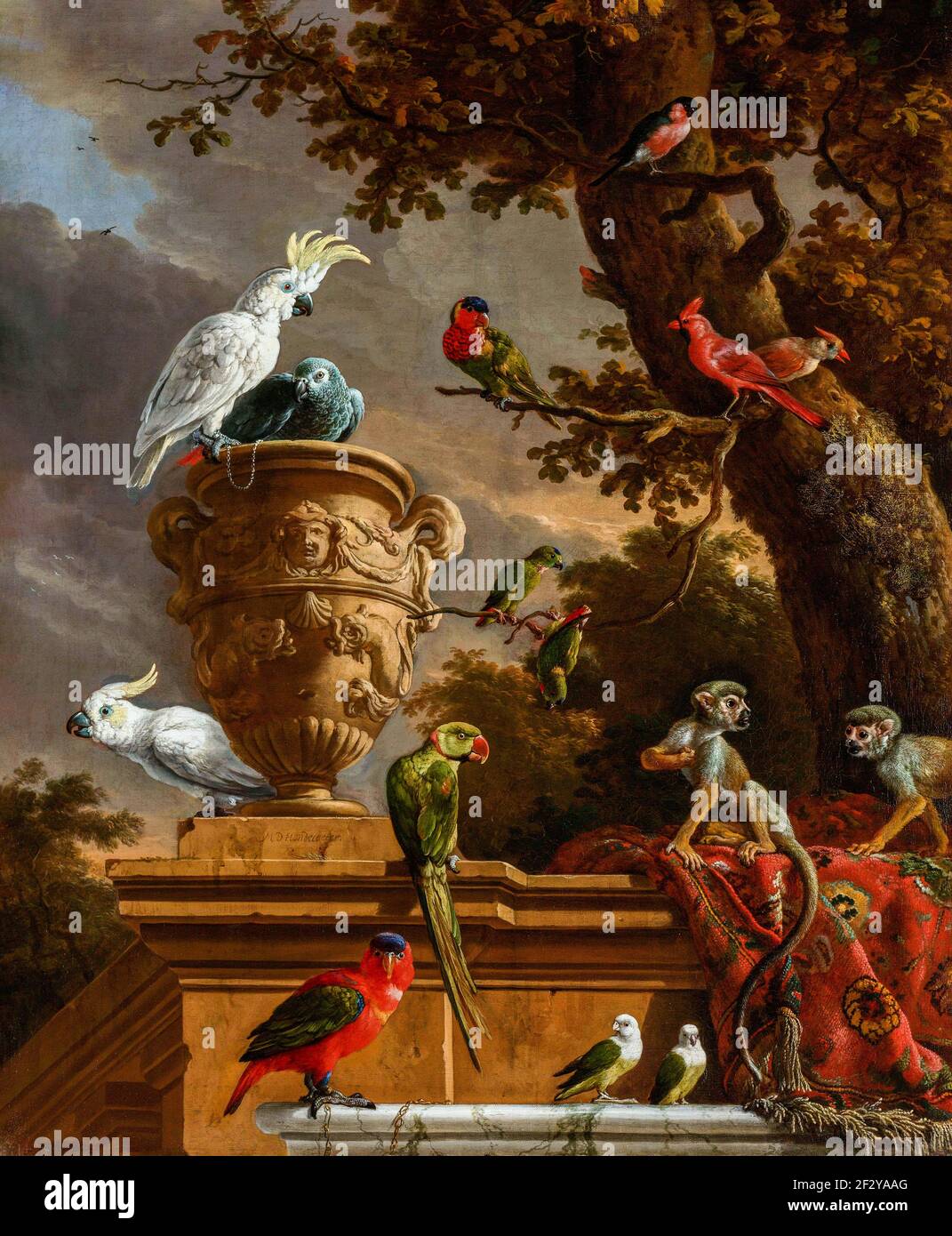 The menagerie. All kinds of birds on the corner of a balustrade with a ...
