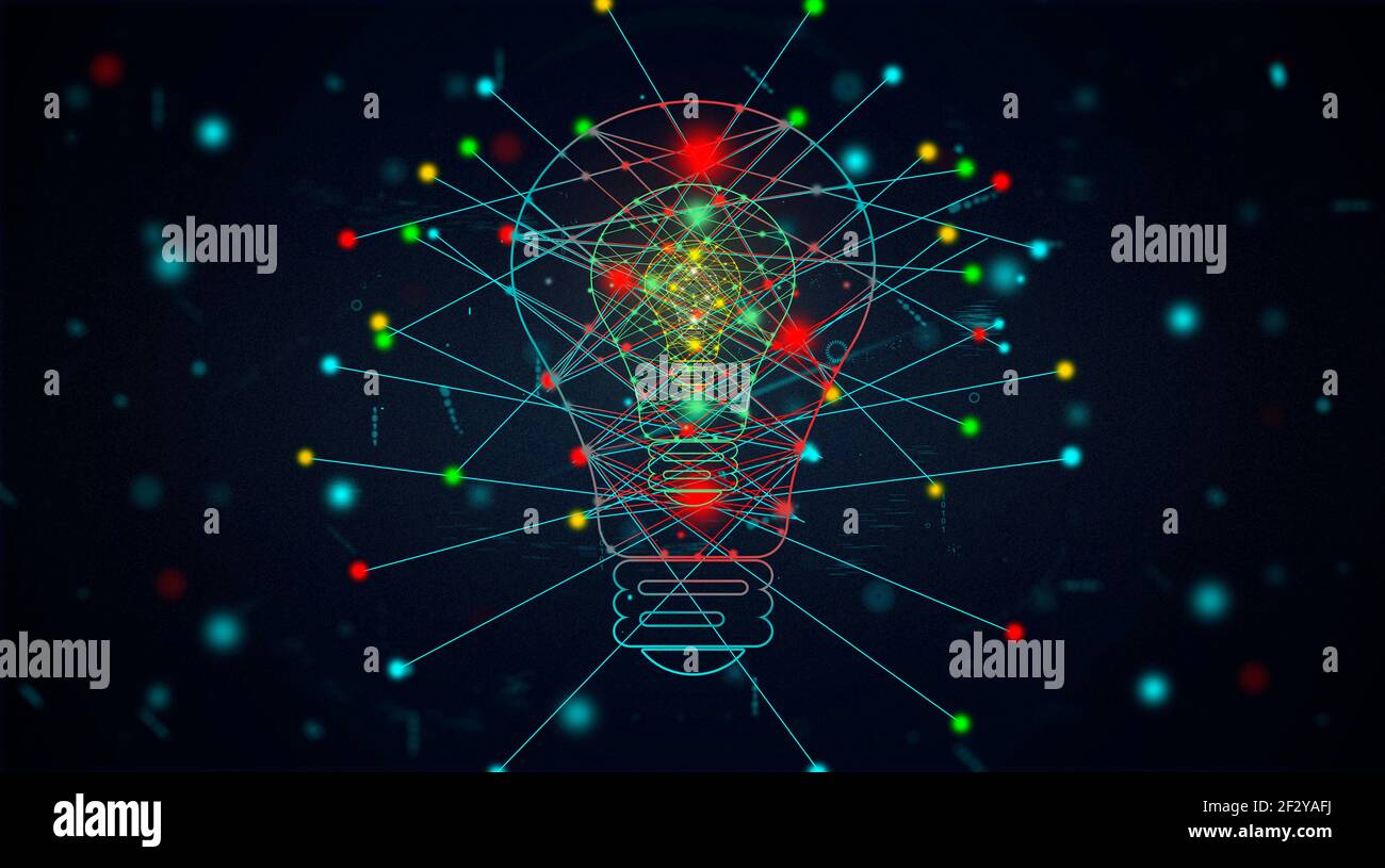light bulb connection and communication concept. colorful points ...