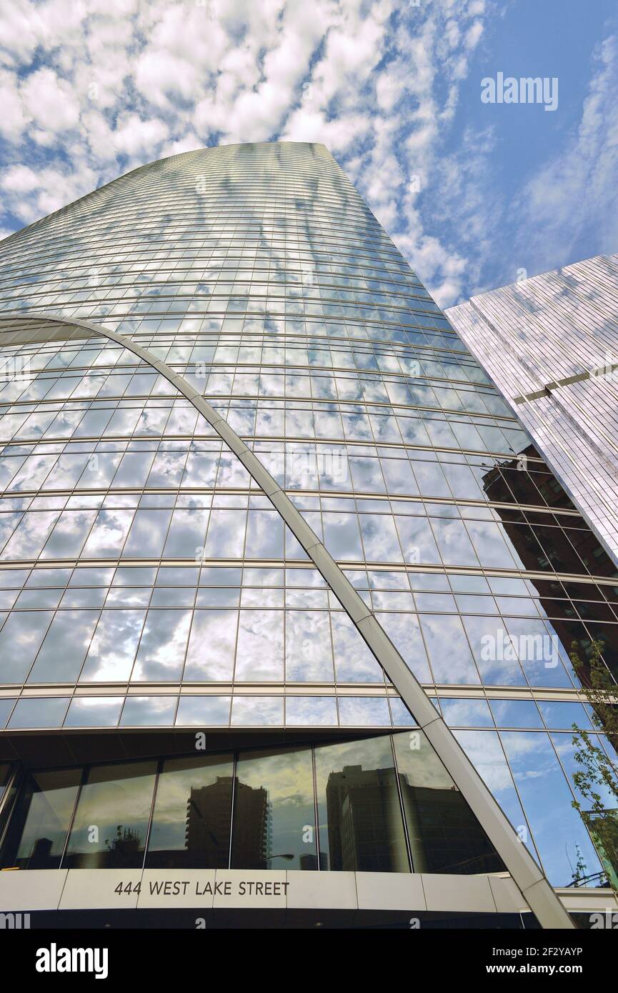 Chicago, Illinois, USA. River Point reflects the sky and clouds in its ...