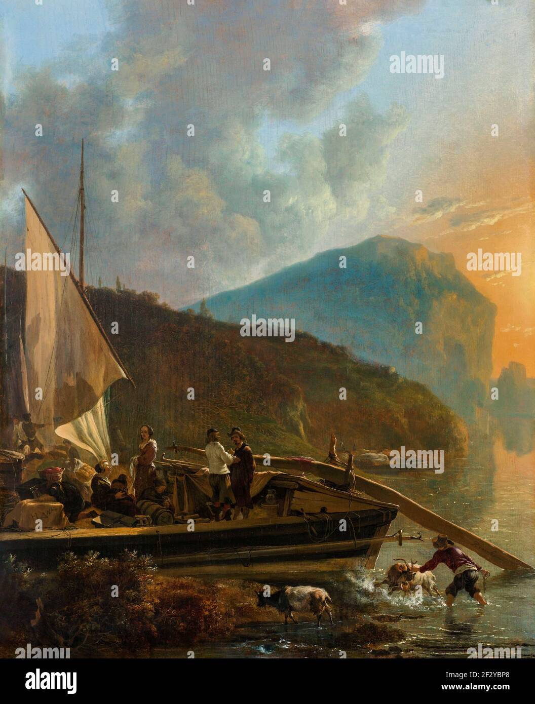 Italian river landscape in which a barge on the bank of a river loaded ...