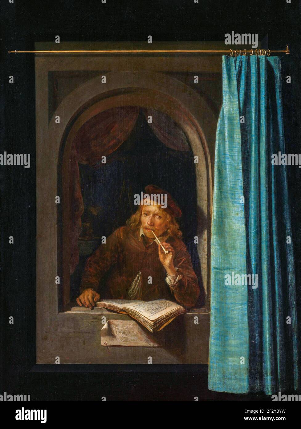 Pipe smoking man leaning out of a window. In front of him lies an open ...