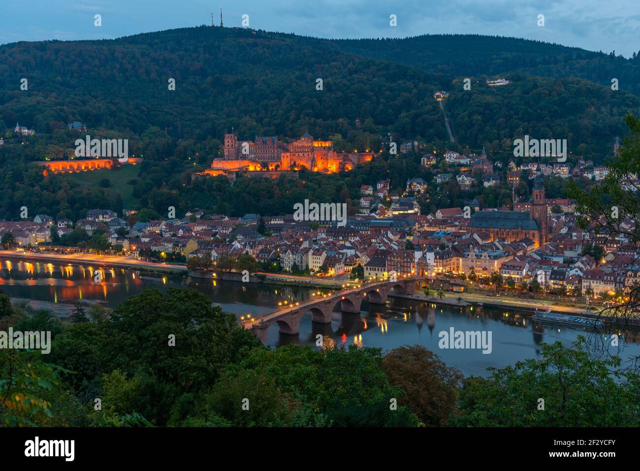 Sunset view of Heidelberg behind Neckar river, Germany Stock Photo - Alamy