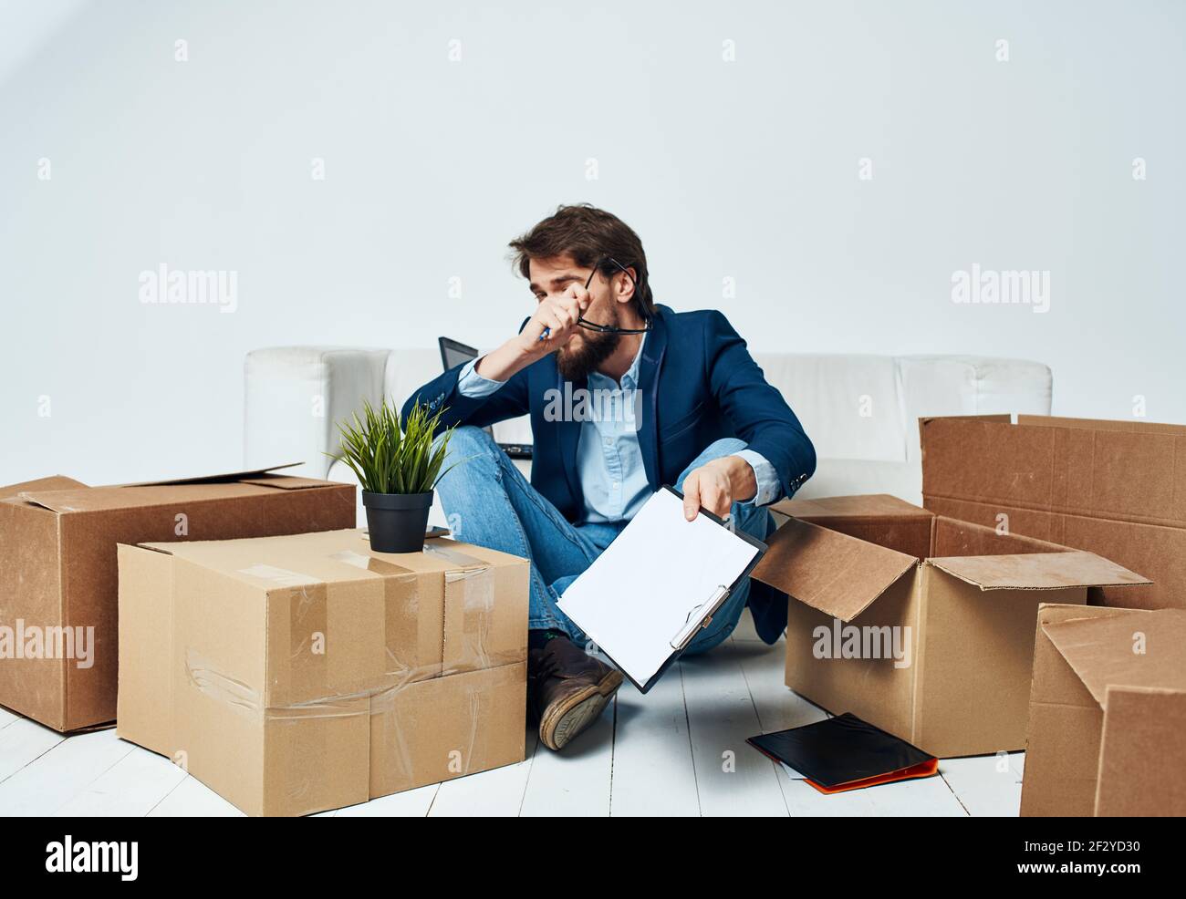 business man documents boxes unpacking professional office Stock Photo ...