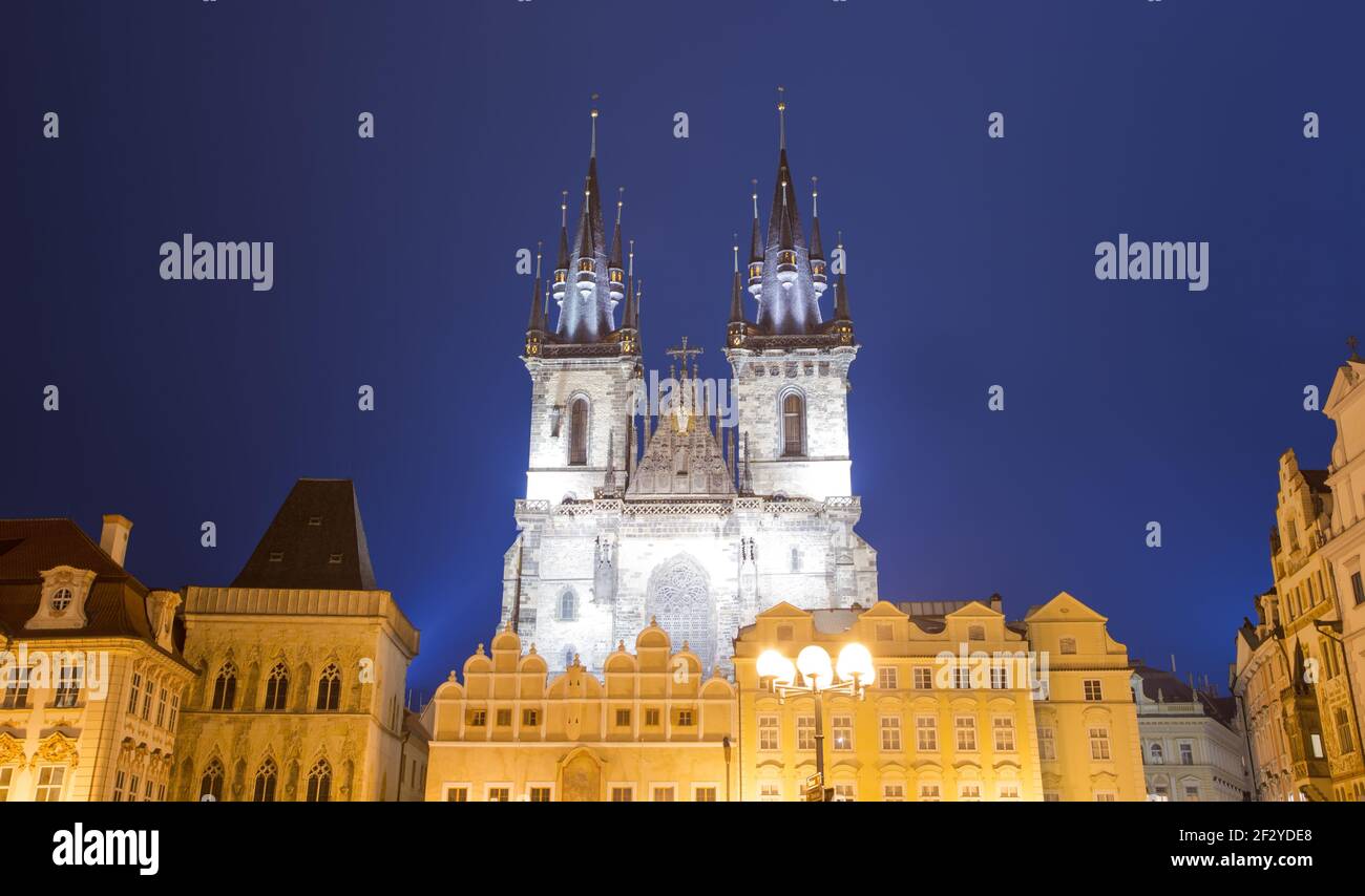 Night time illuminations of the fairy tale Church of our Lady Tyn (1365 ...