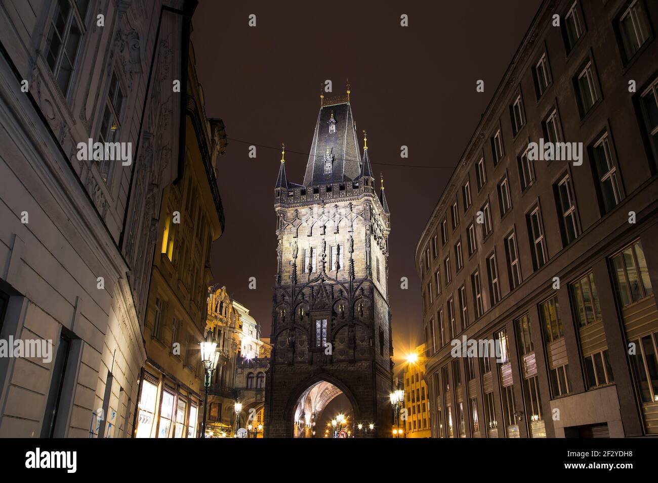 Powder tower (gate) at evening in Prague, Czech Republic. It is one of ...