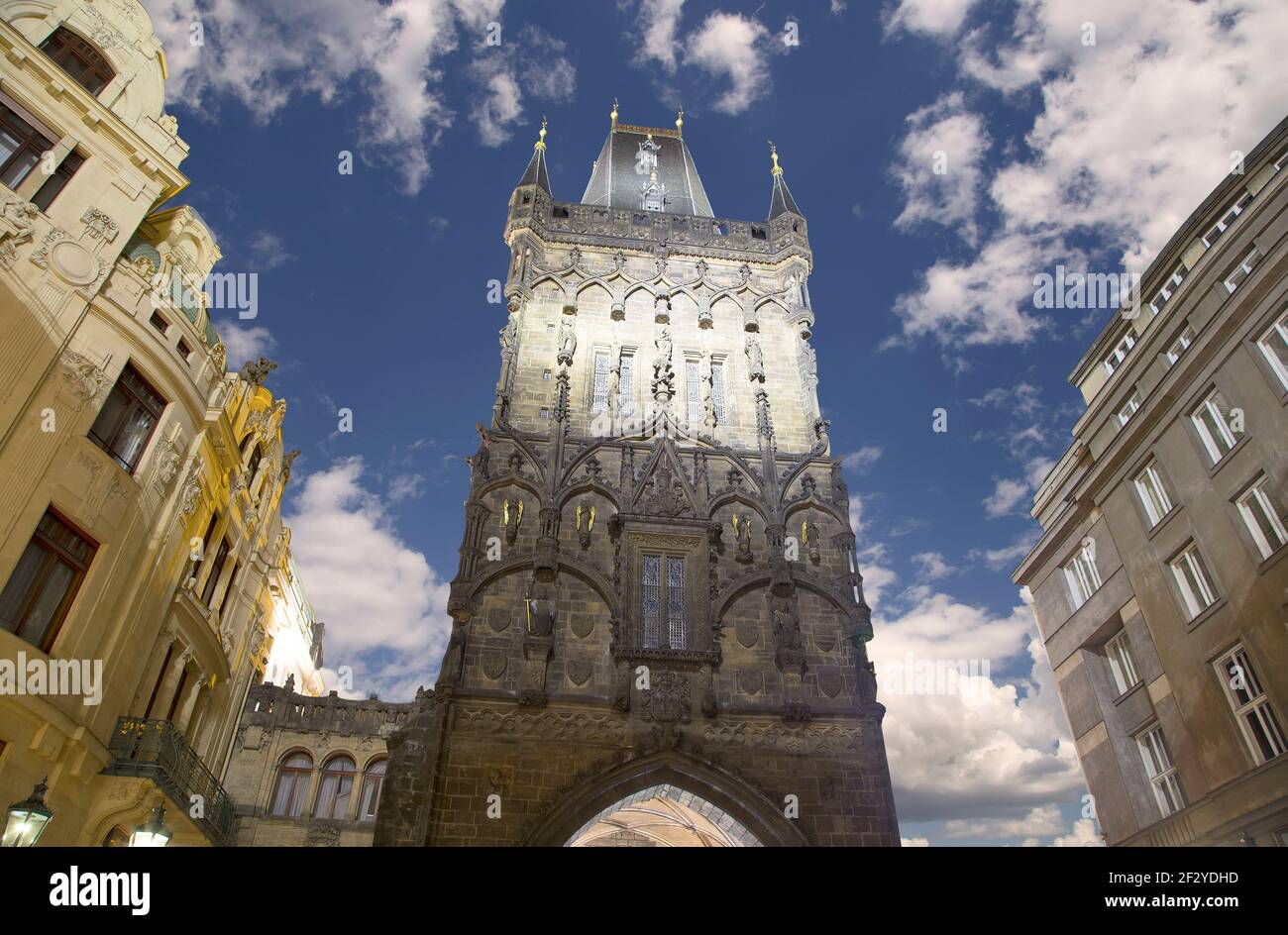 Powder tower (gate) at evening in Prague, Czech Republic. It is one of ...