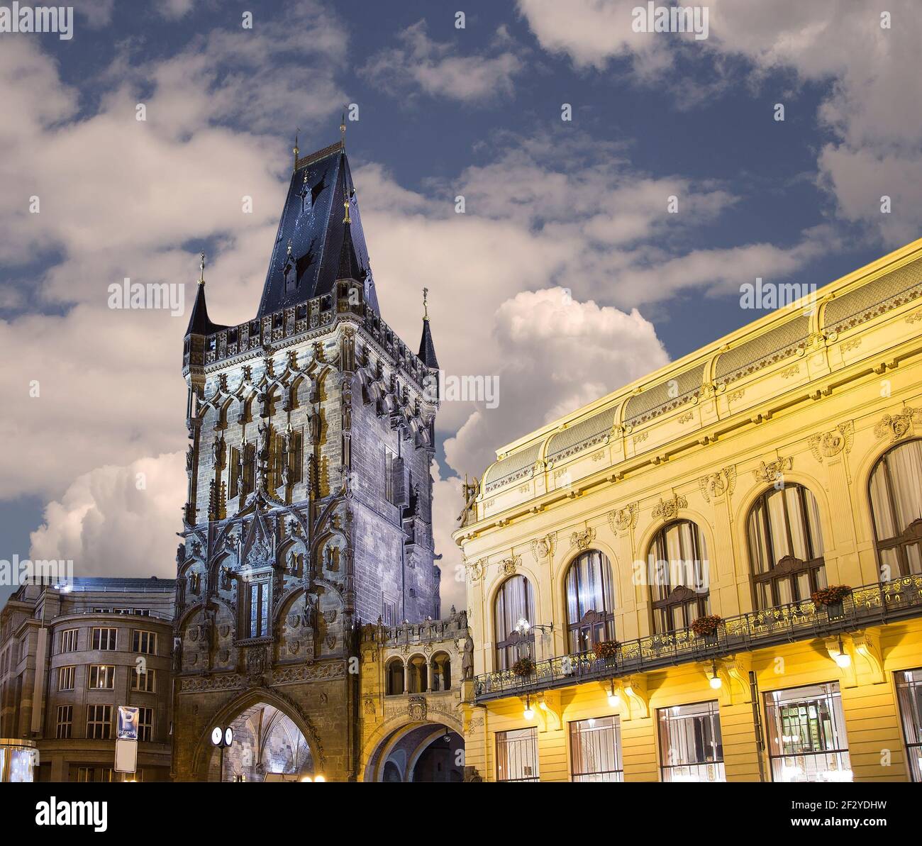 Powder tower (gate) at evening in Prague, Czech Republic. It is one of ...