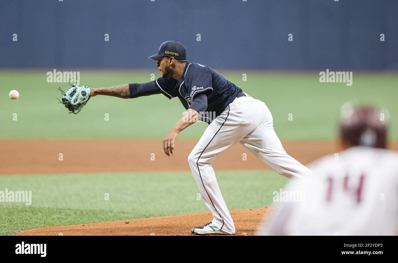 14th Mar, 2021. Bears pitcher Doosan Bears pitcher Ariel Miranda tries ...