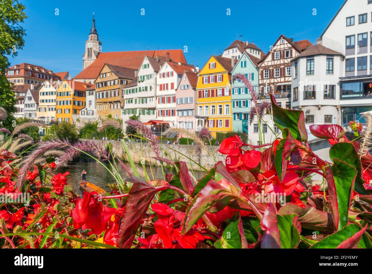 Colorful facades of houses alongside river Neckar in Tubingen, Germany ...