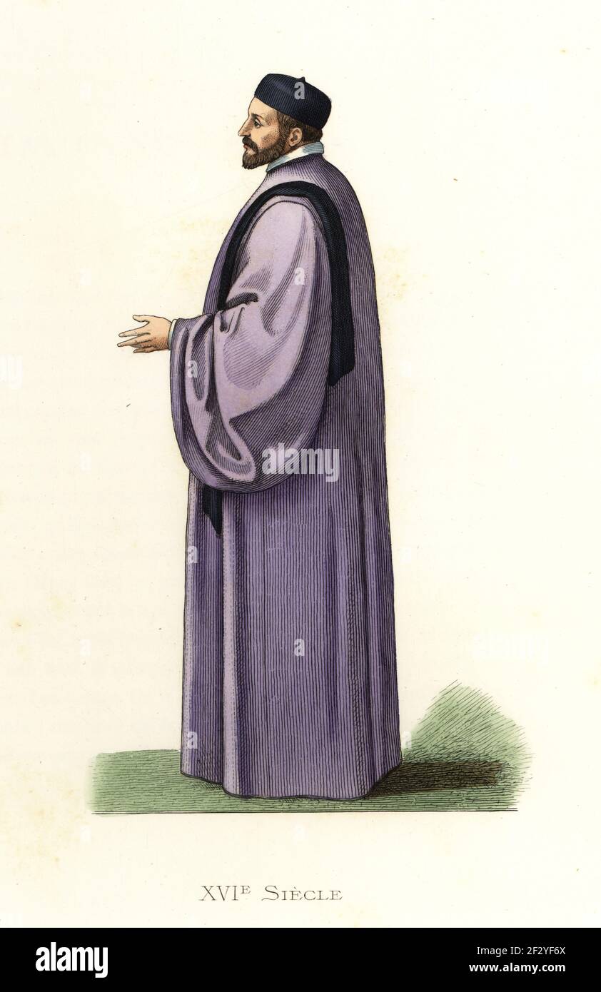 Costume of a noble Venetian, 16th century. He wears a long violet robe ...