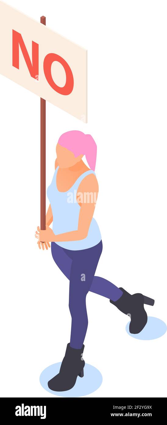 A woman carries a protest poster with the words no. Isolated on a white ...