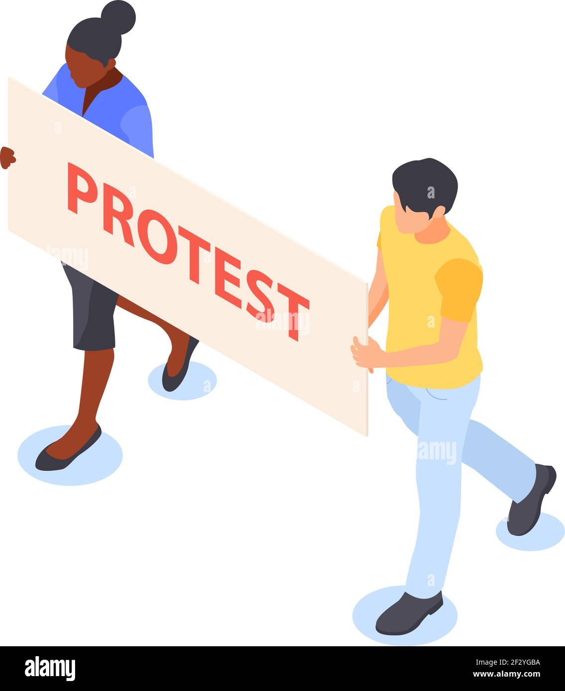 A woman and a man carry a poster with the words protest. Isolated over ...