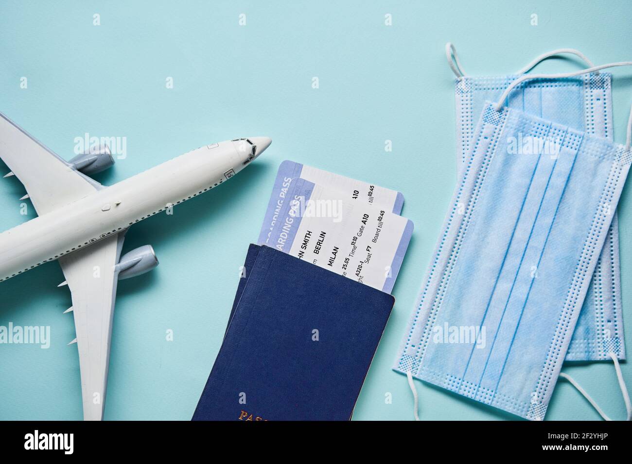 Plane mode, tickets and mask. Resuming flight travel concept due ...