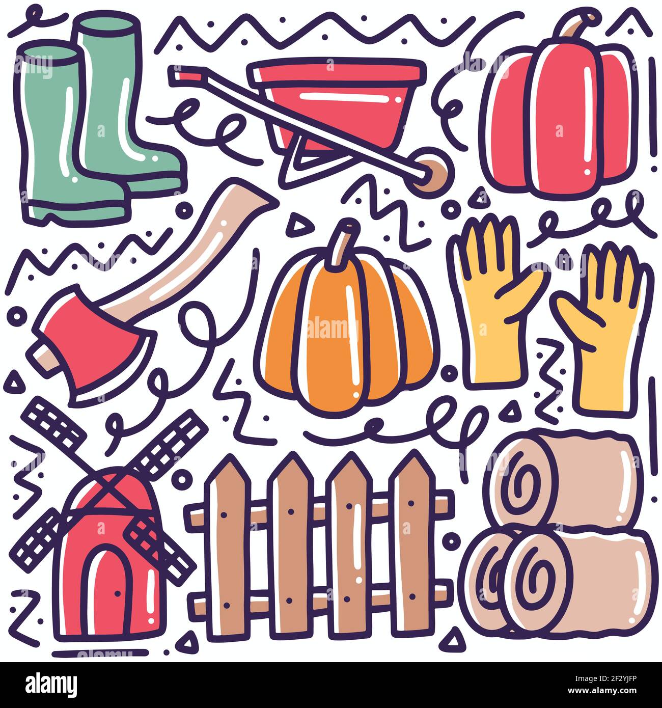 doodle set of farming and gardening tools hand drawing Stock Vector ...