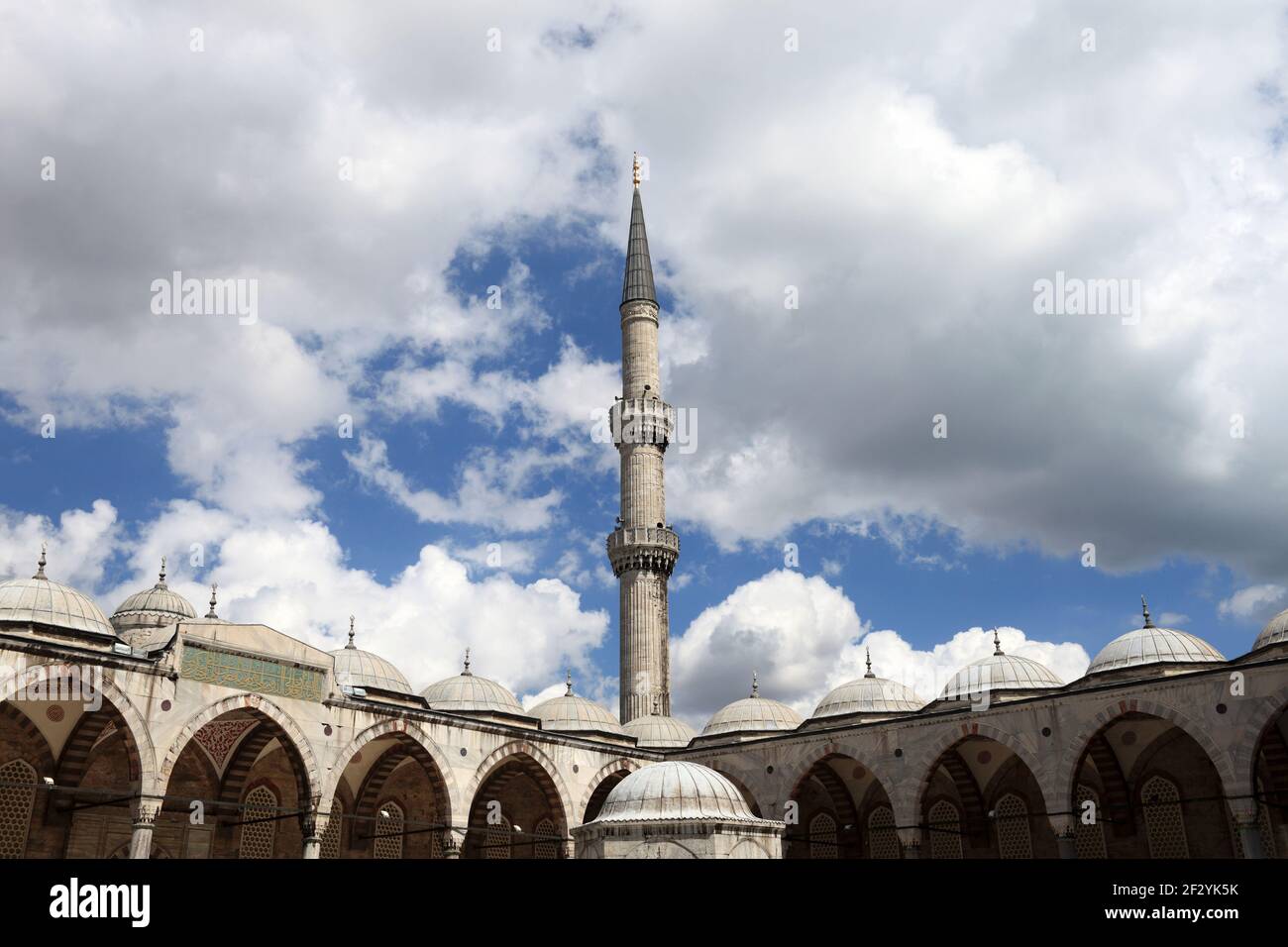 View of Blue Mosque courtyard and minaret in Istanbul, Turkey Stock ...