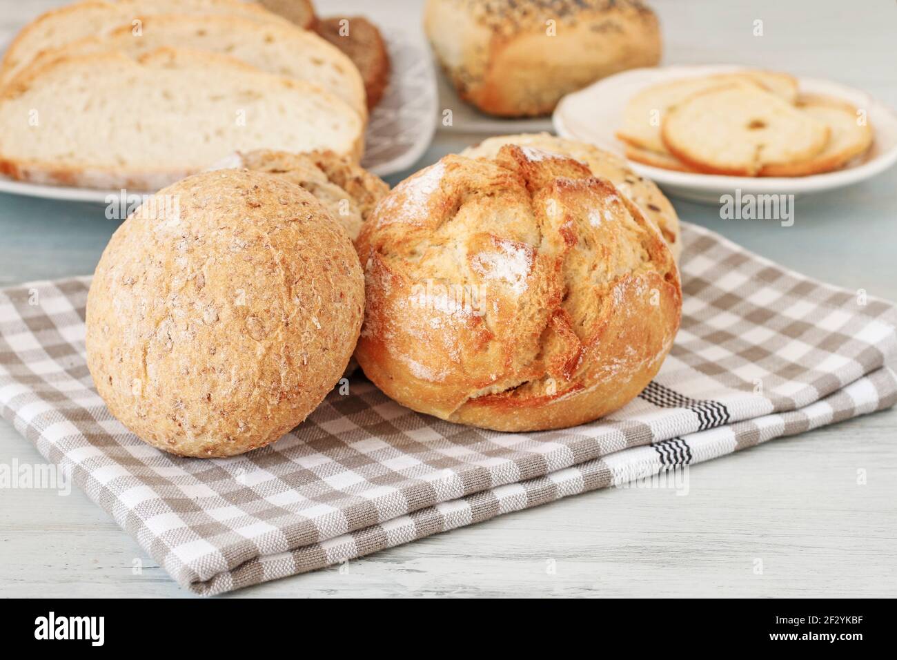 Buns and breads on breakfast table. Traditional dish Stock Photo - Alamy