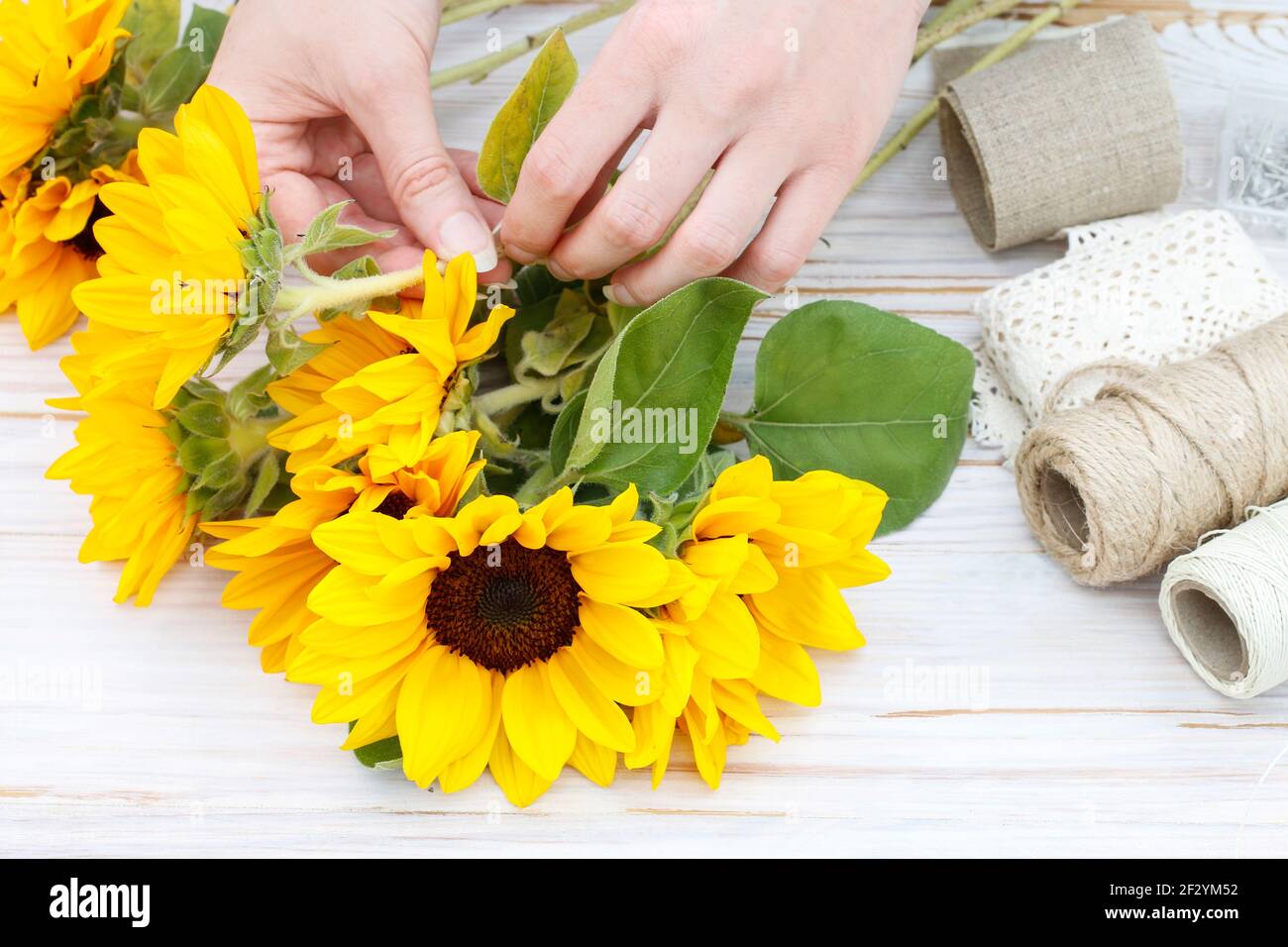Florist at work: Woman shows how to make bouquet with sunflowers. Step ...