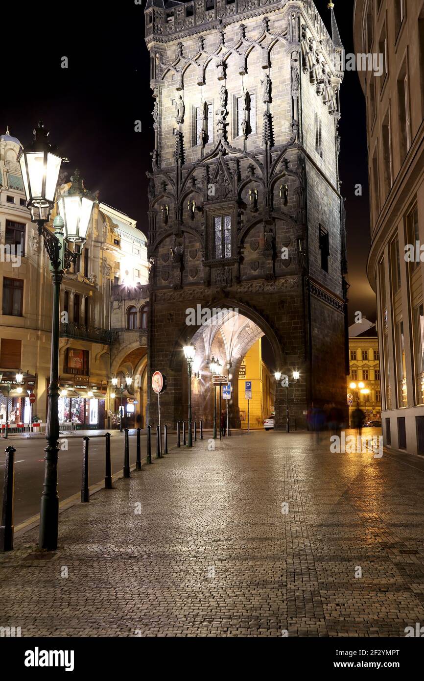 Powder tower (gate) at evening in Prague, Czech Republic. It is one of ...