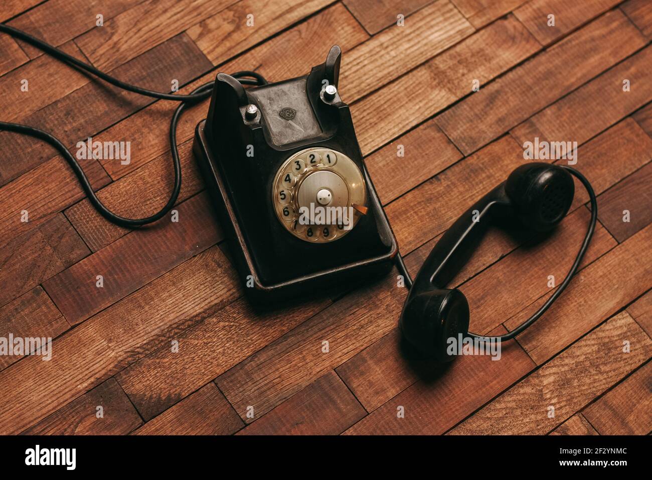 retro telephone communication technology call antique wooden background ...