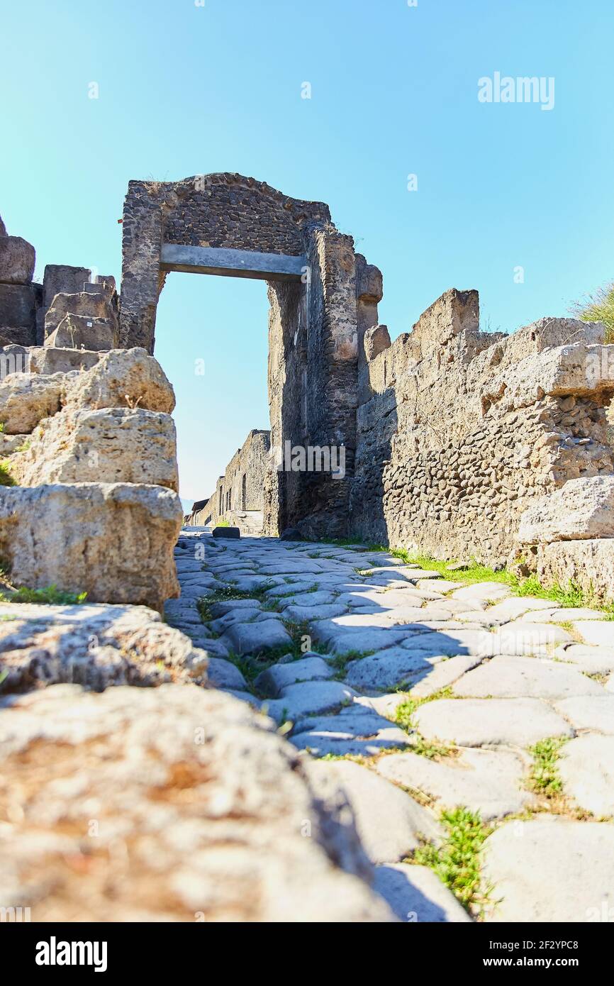 Archaeological ruins of ancient Roman city, Pompei, Looking South down ...