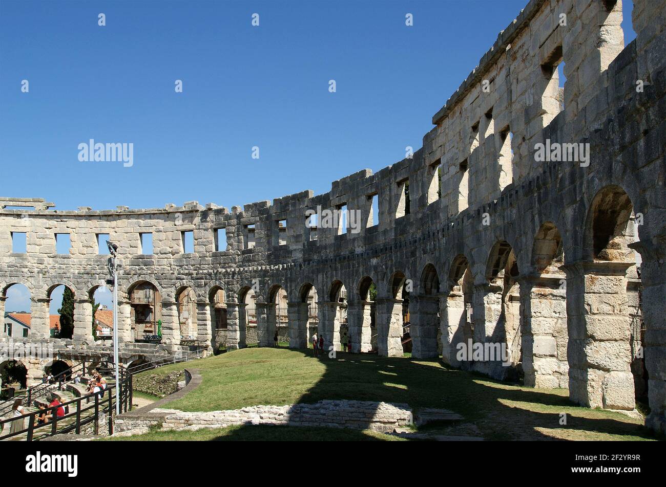 Roman Amphitheater, view of the Arena (colosseum) in Pula, Croatia ...