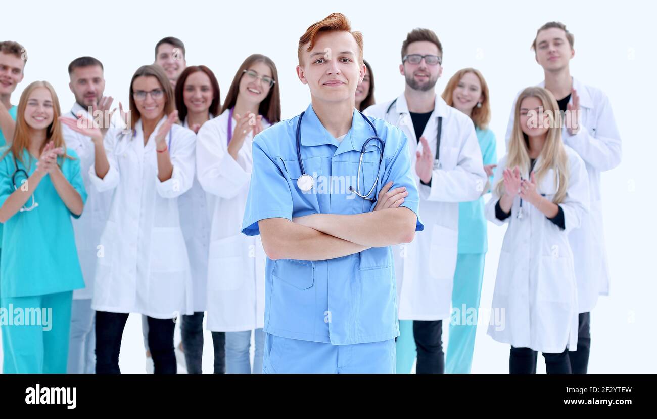 top view. a group of smiling doctors pointing at you Stock Photo - Alamy