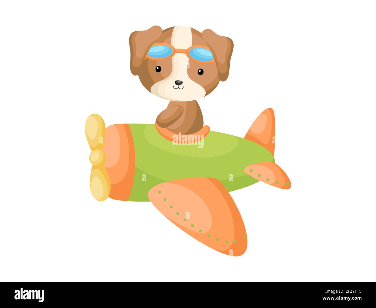 Little dog wearing aviator goggles flying an airplane. Funny baby ...