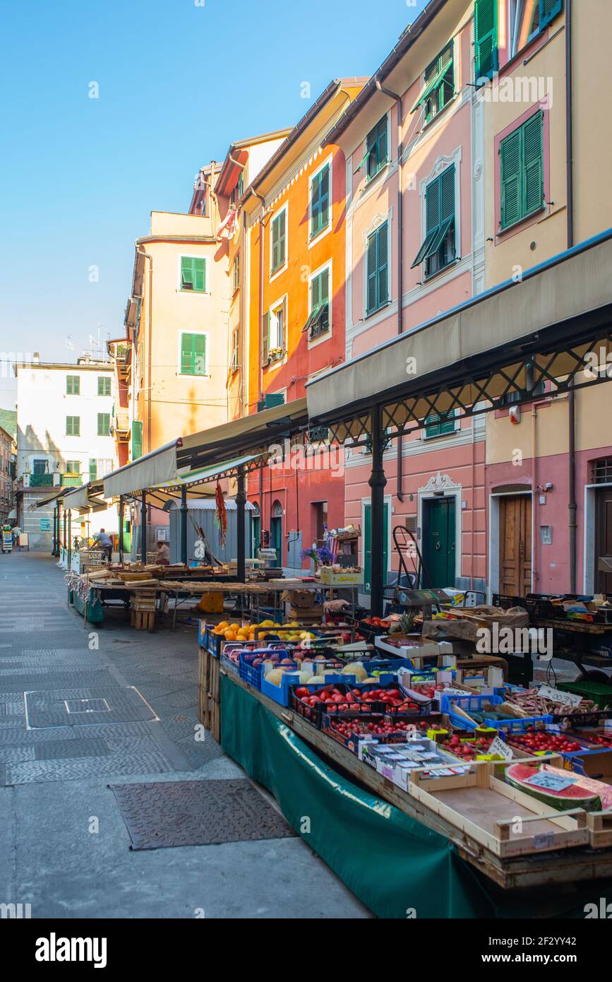 Street market stall in Rapallo, Liguria, selling fresh fruit and ...