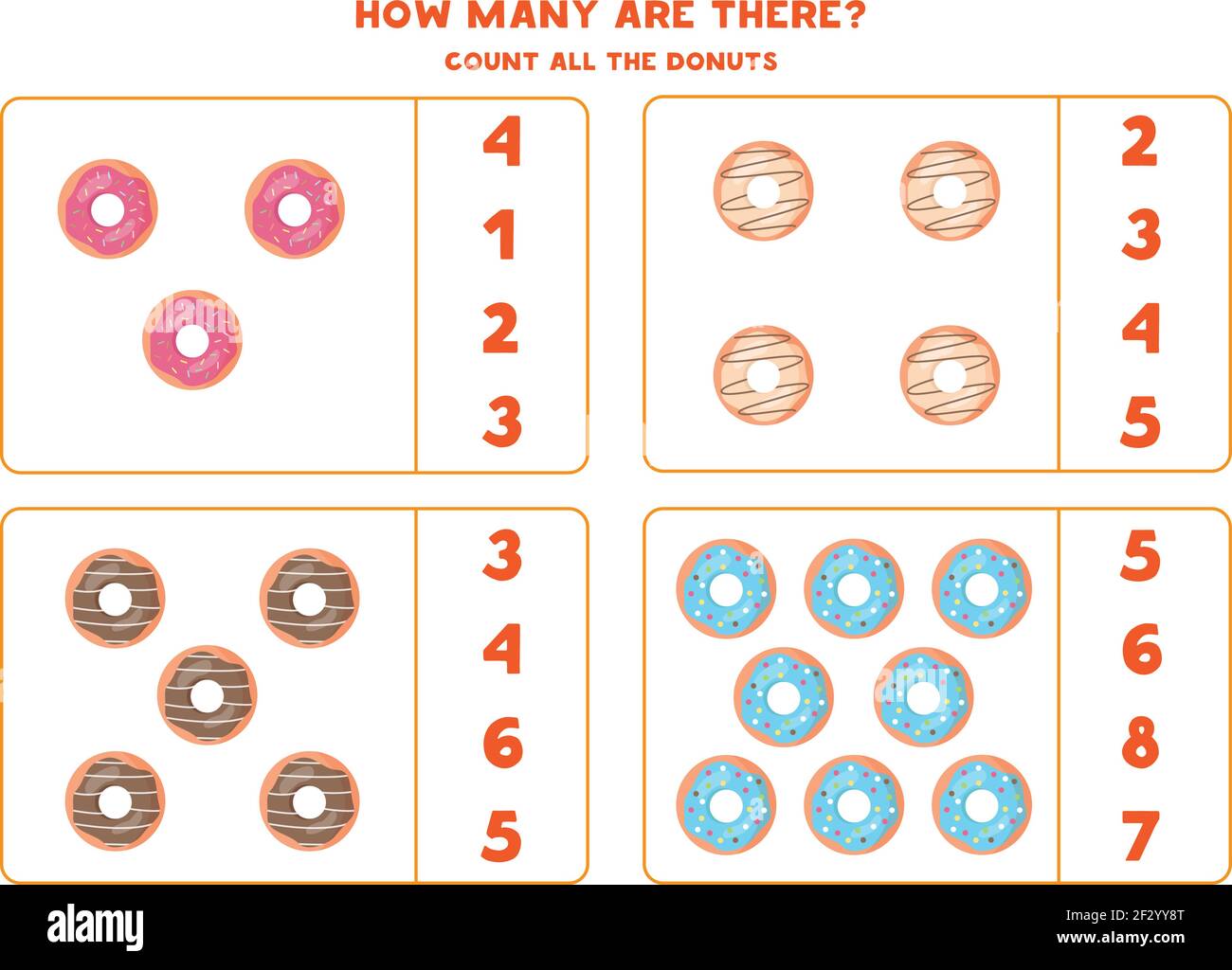 Count all colorful donuts and circle the correct answers. Math game for ...