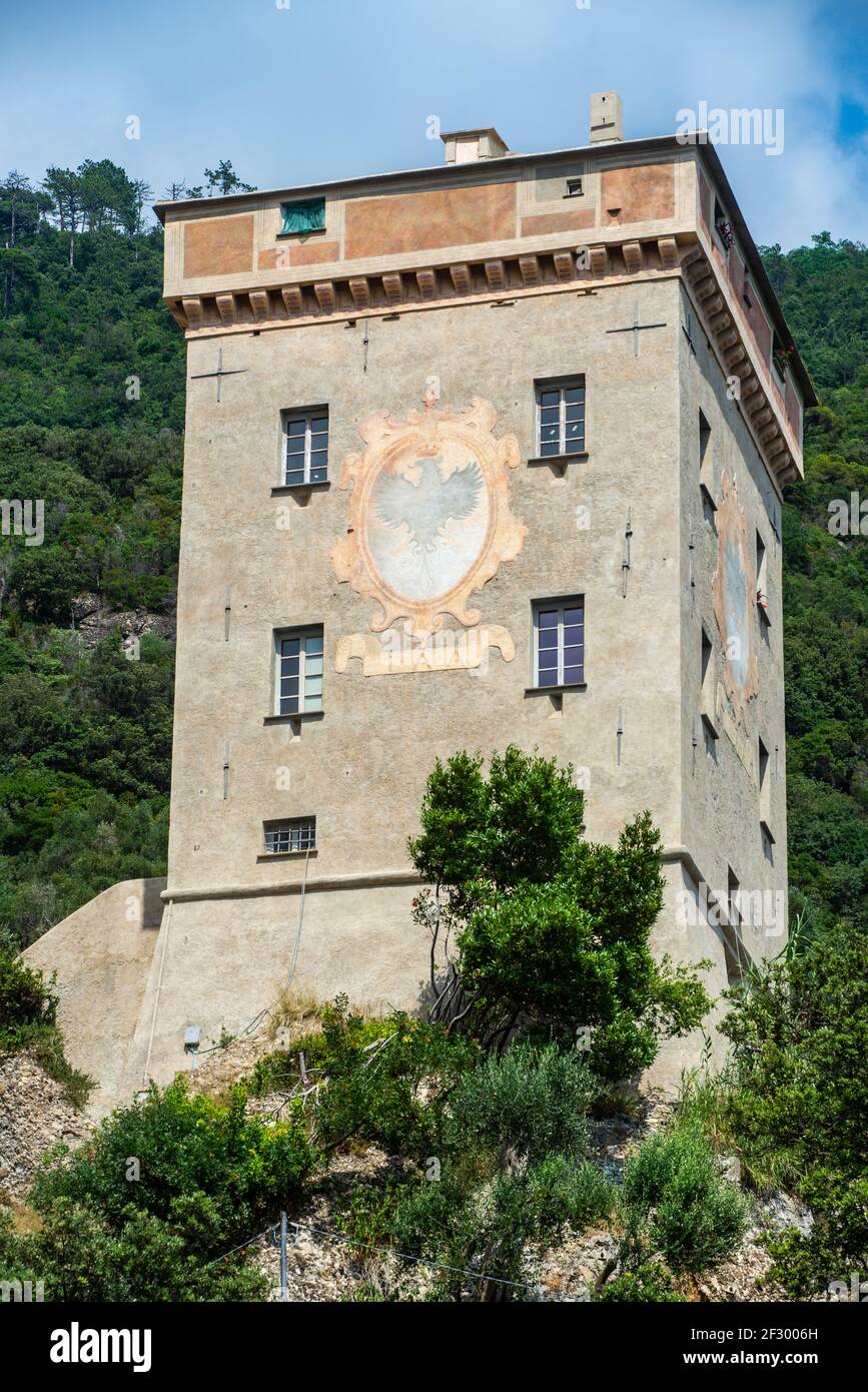 The old Doria tower with the stem of the Doria family, a black eagle ...
