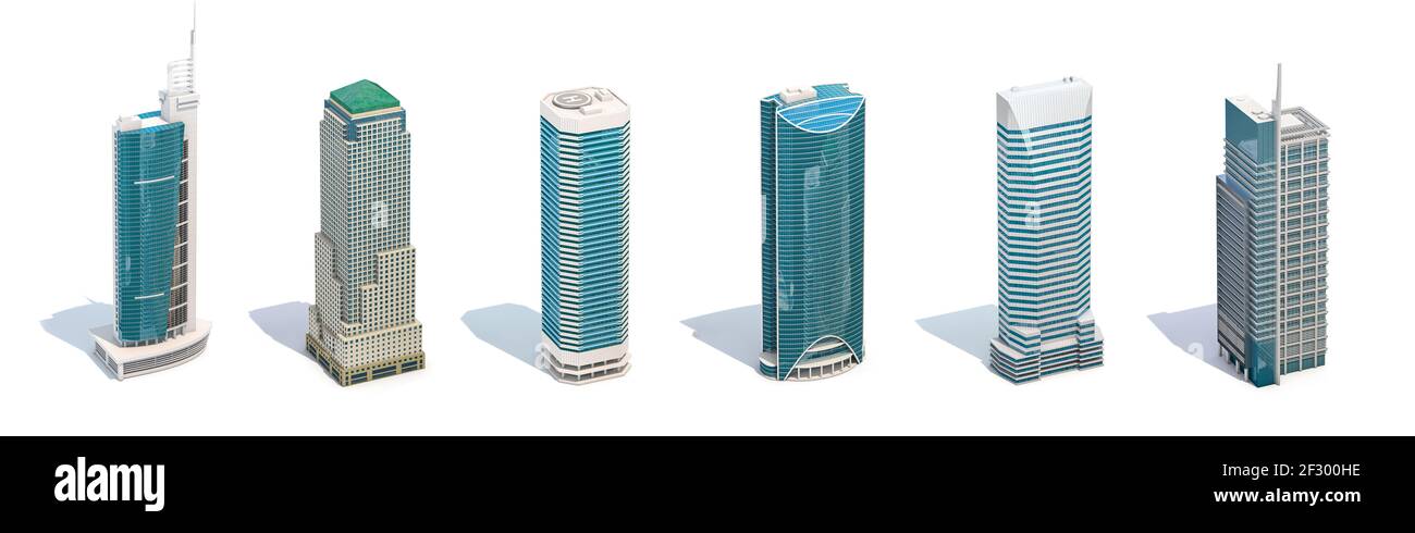 Set of different skyscraper buildings isolated on white. 3d ...