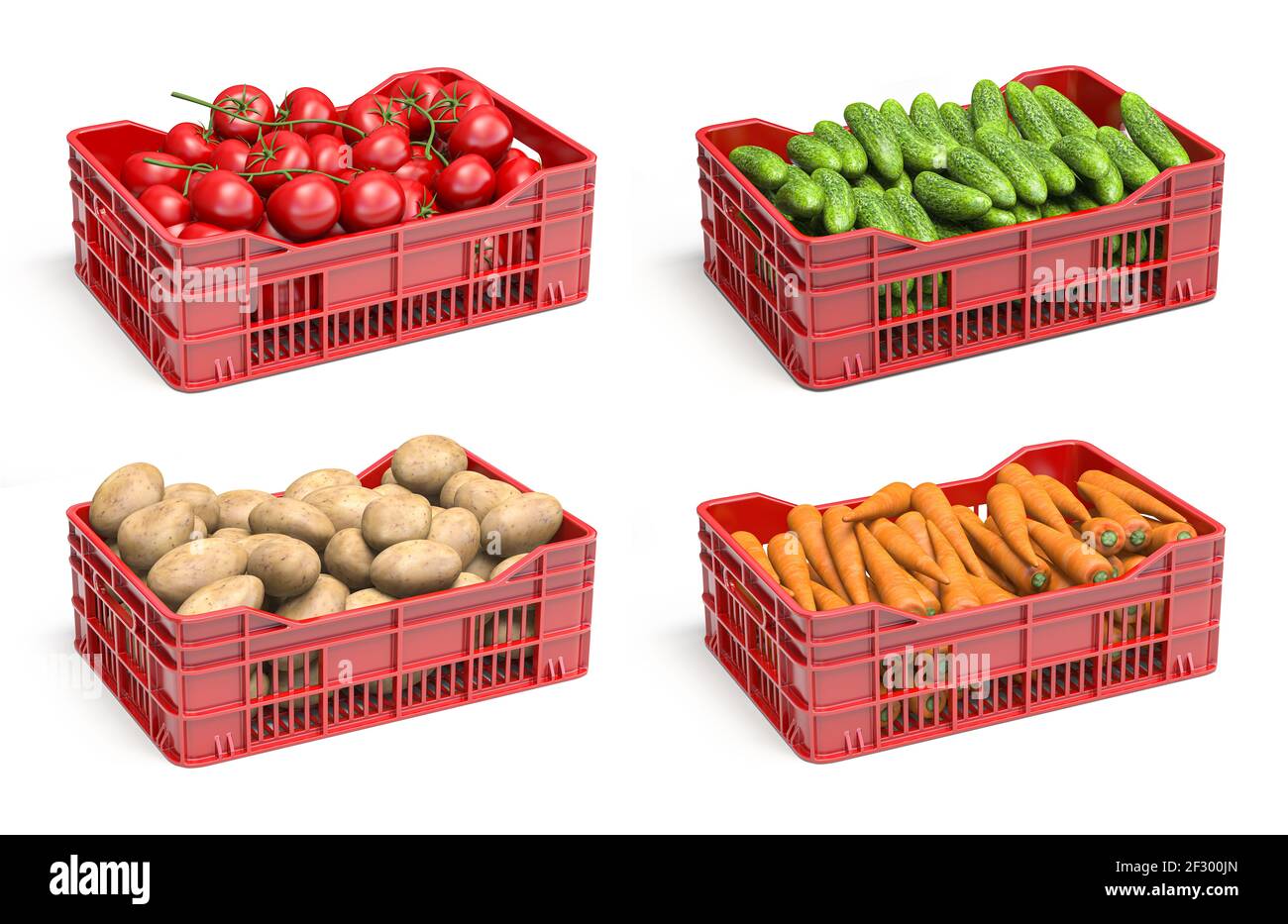 Set of plastic crates with vegetables. Potato, carrot, cucumber and ...