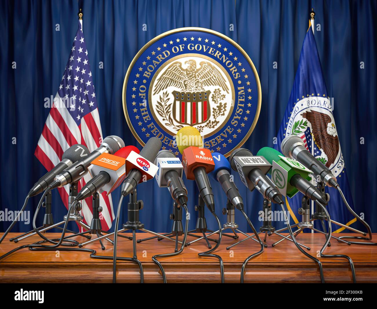 Federal Reserve System Fed of USA press conference concept. Microphones ...