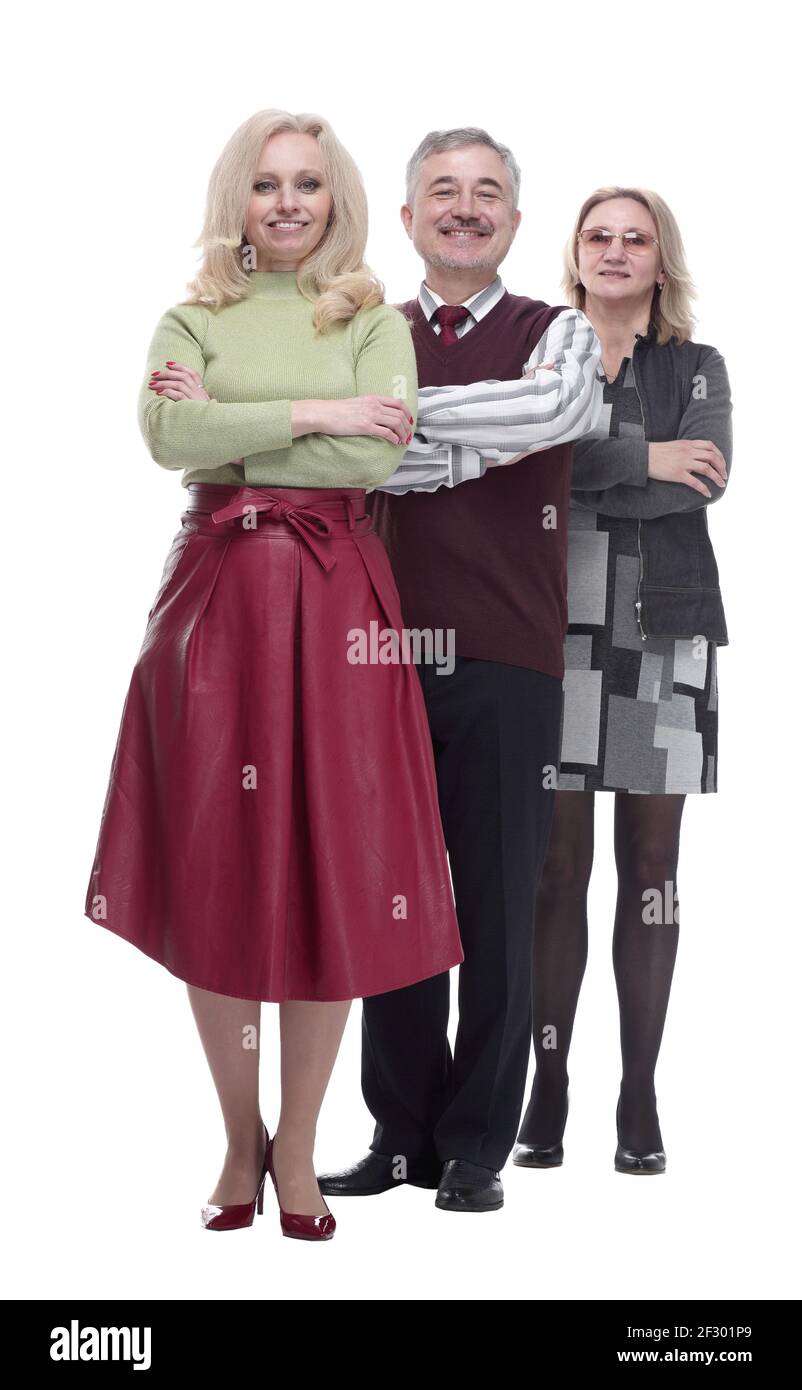 friendly young woman standing first in line. isolated on a white Stock ...