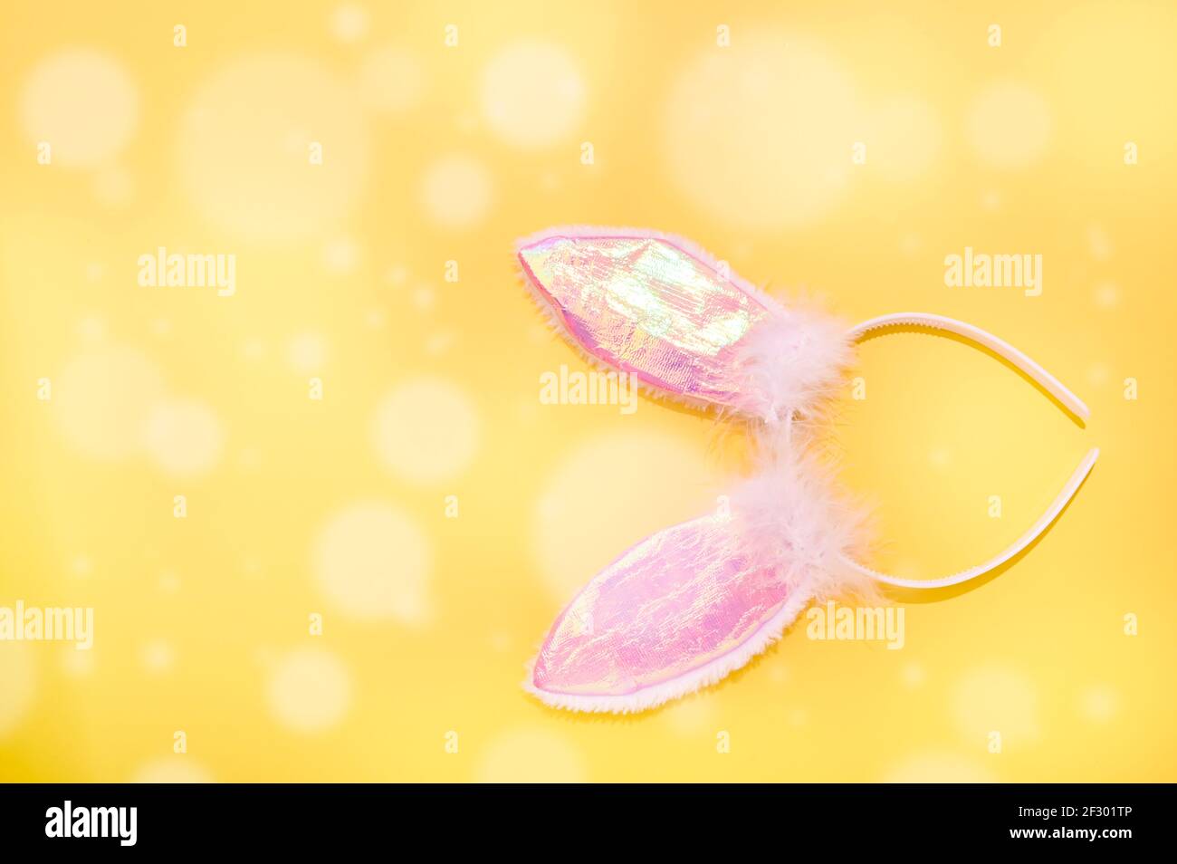 Spring. Easter pink bunny ears on a yellow background. Free space for ...