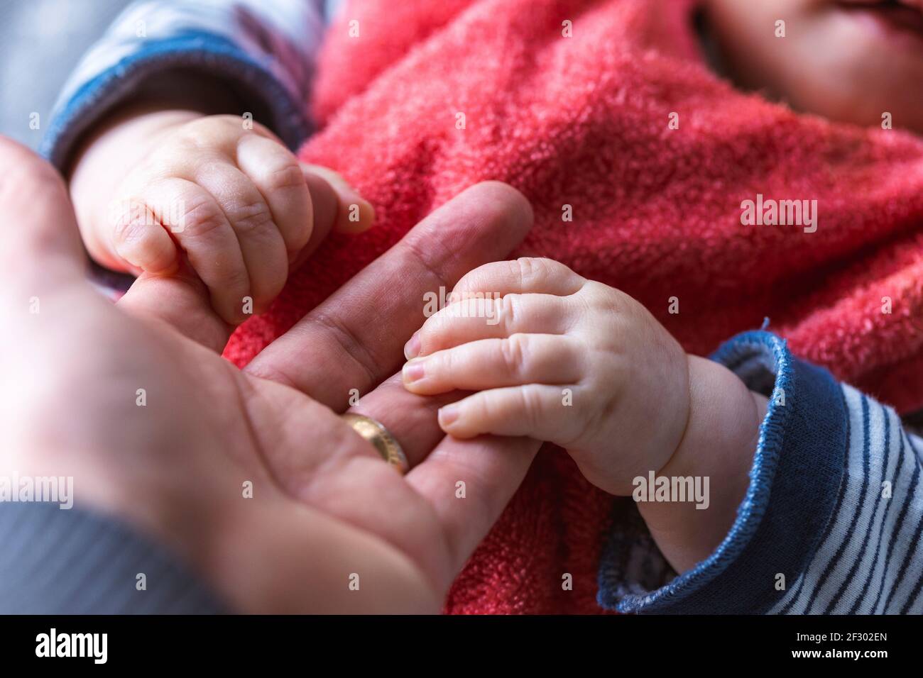 A close up portrait of the hand of a father being held by the cute baby ...