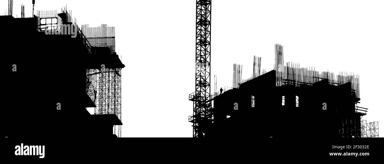 construction equipment and elements of a building under construction ...
