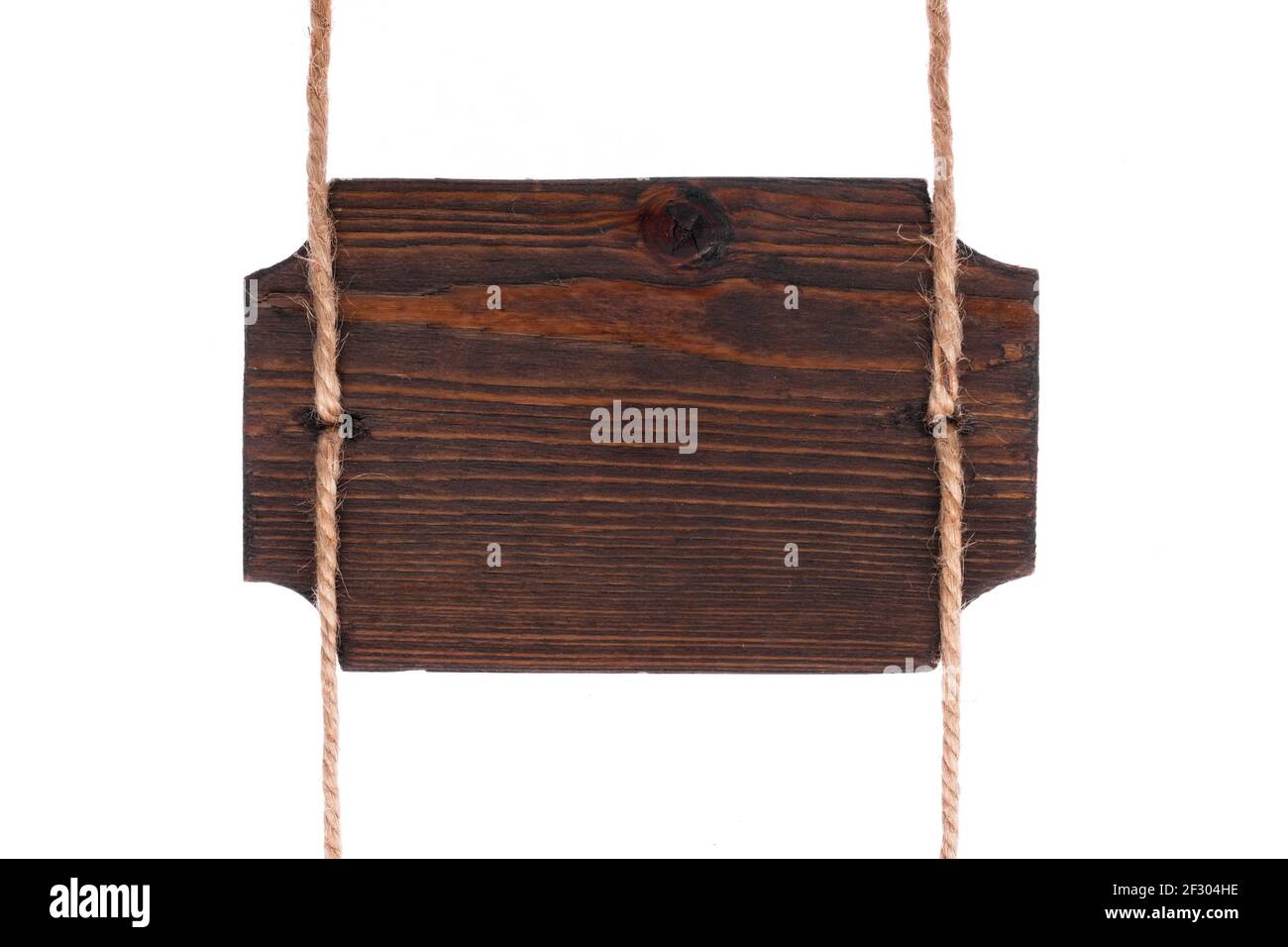 Vintage wooden signboard hangs on four ropes. Isolated on a white ...
