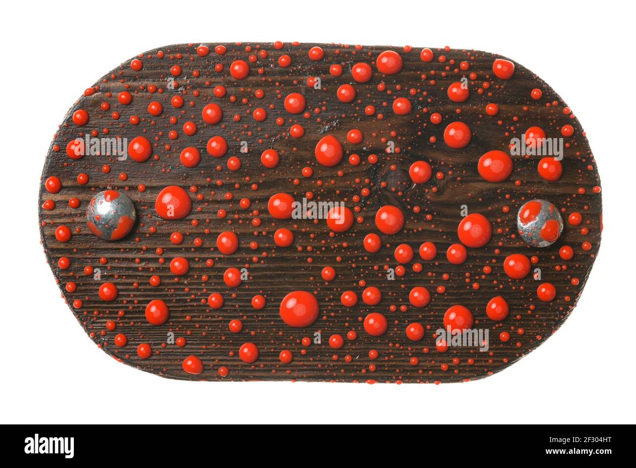 Wooden signboard with iron bolts and drops of red paint. Wooden ...