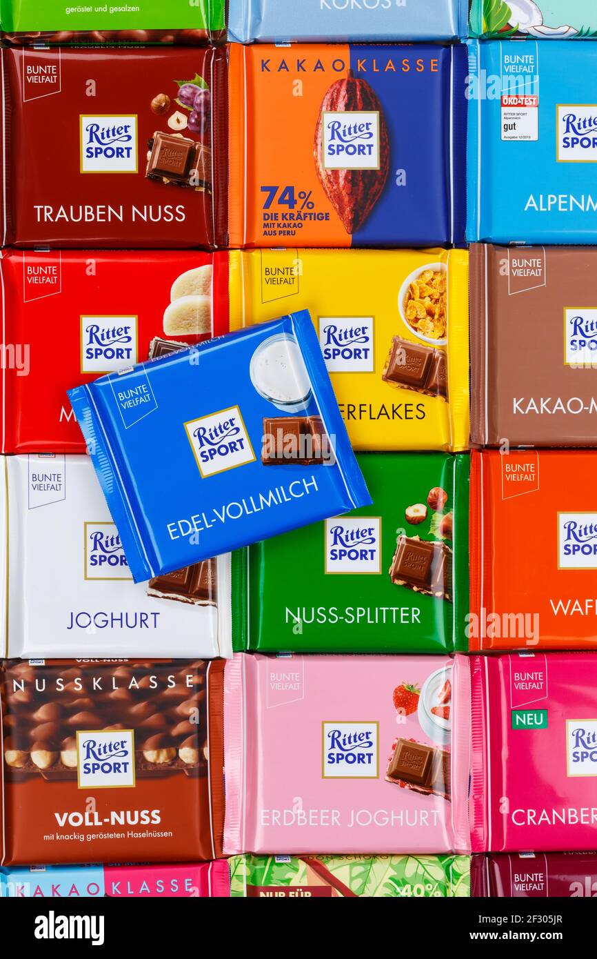 Stuttgart, Germany - March 1, 2021: Ritter Sport chocolate chocolates ...