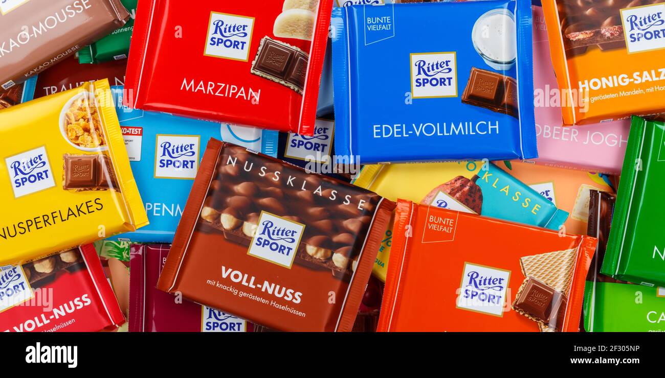 Stuttgart, Germany - March 1, 2021: Ritter Sport chocolate chocolates ...