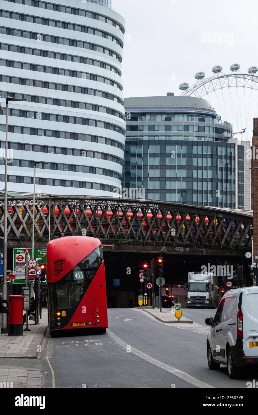 London UK February 2021 London double decker city bus stopped on a bus ...