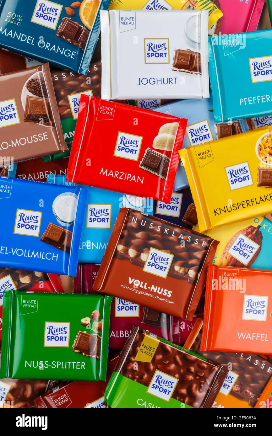 Stuttgart, Germany - March 1, 2021: Ritter Sport chocolate chocolates ...