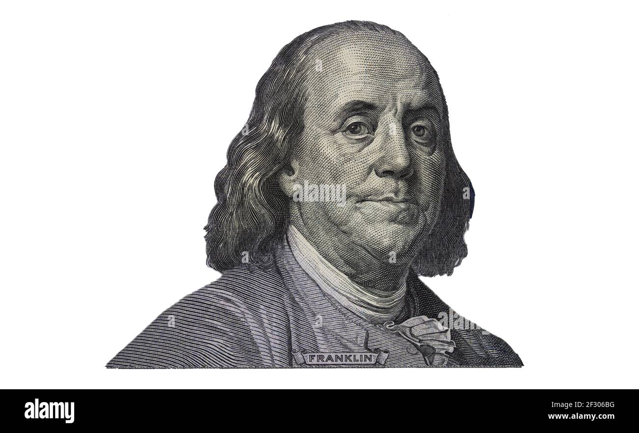 Benjamin Franklin cut on new 100 dollars banknote isolated on white ...