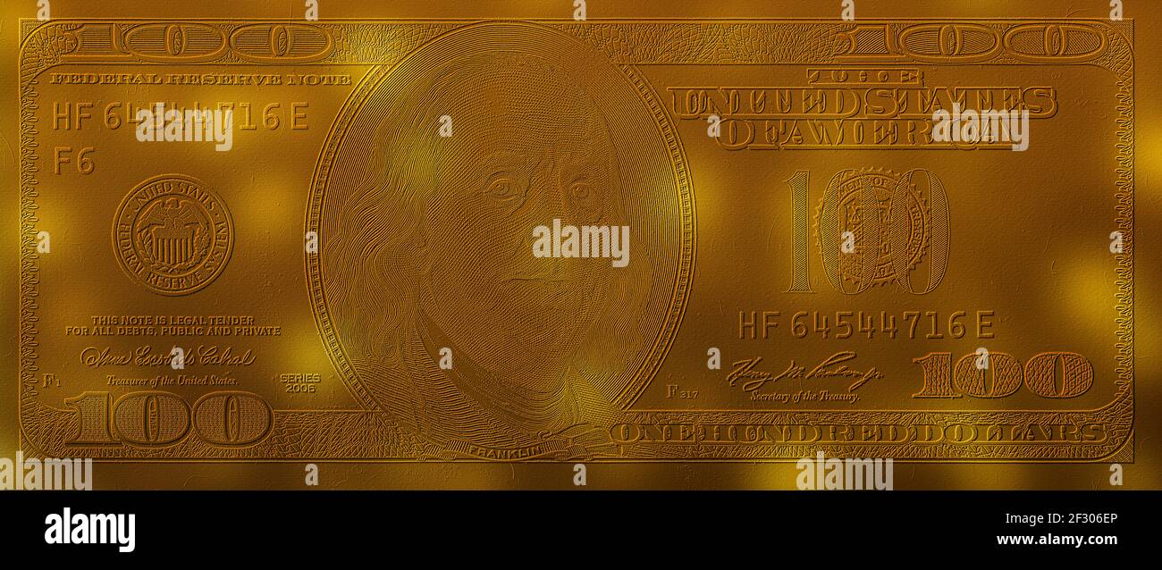 golden textured 100 US dollar banknote for design purpose Stock Photo ...