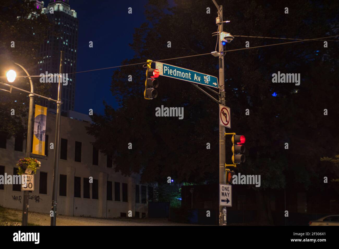 Atlanta, Ga USA - 06 14 20: Traffic signs at night downtown Atlanta ...