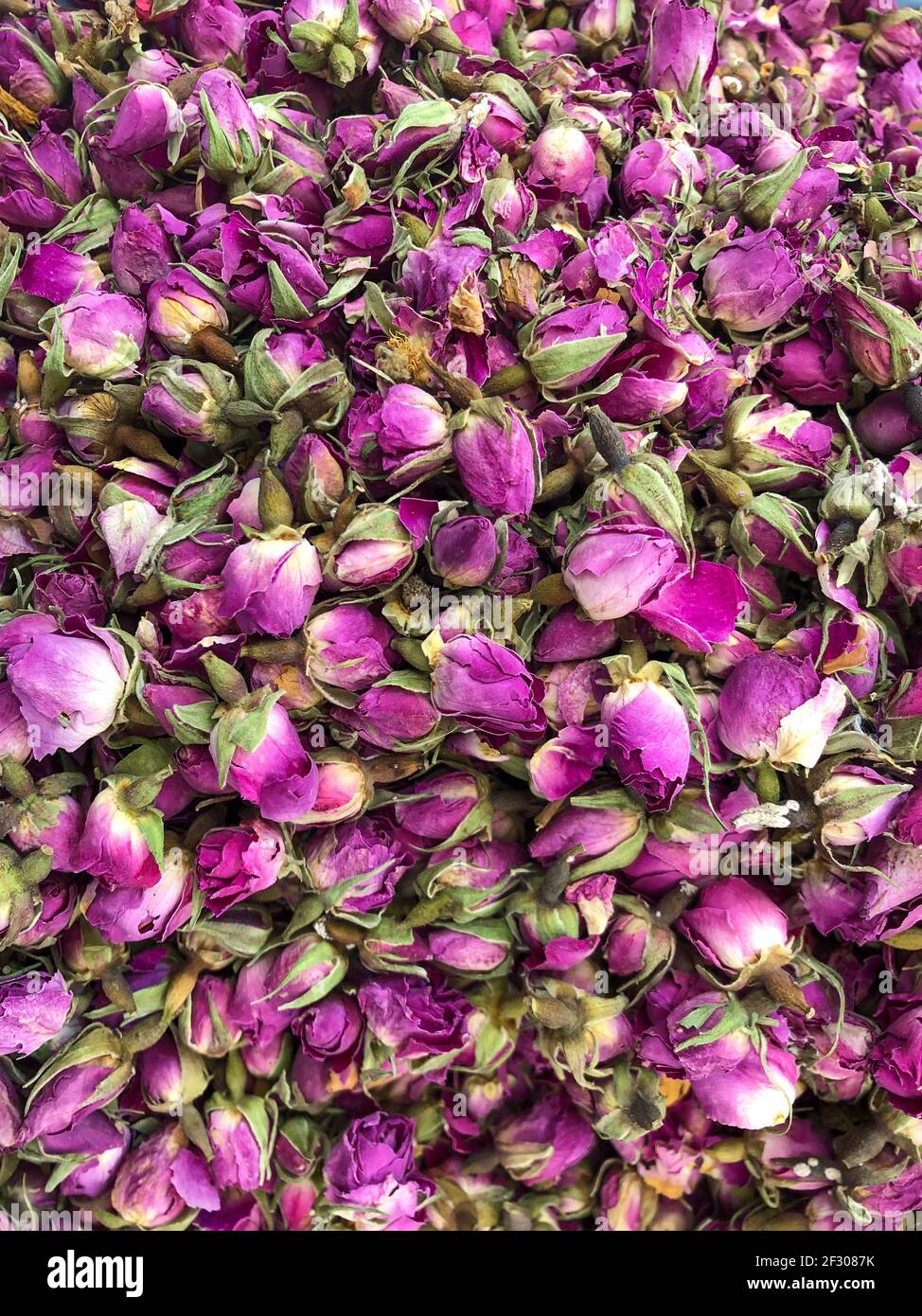 pile of dried pink rose flowers for herbal tea Stock Photo - Alamy